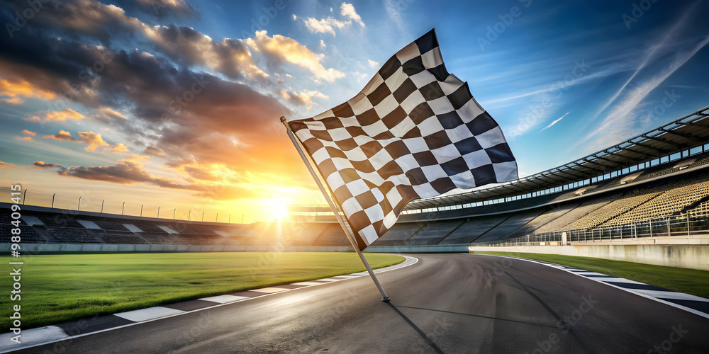 Checkered flag waving above a race track, checkered flag, flying ...
