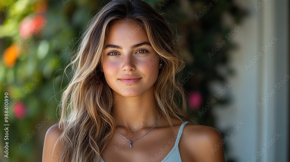 portrait of beautiful diabetic woman with insulin pump, continuous ...