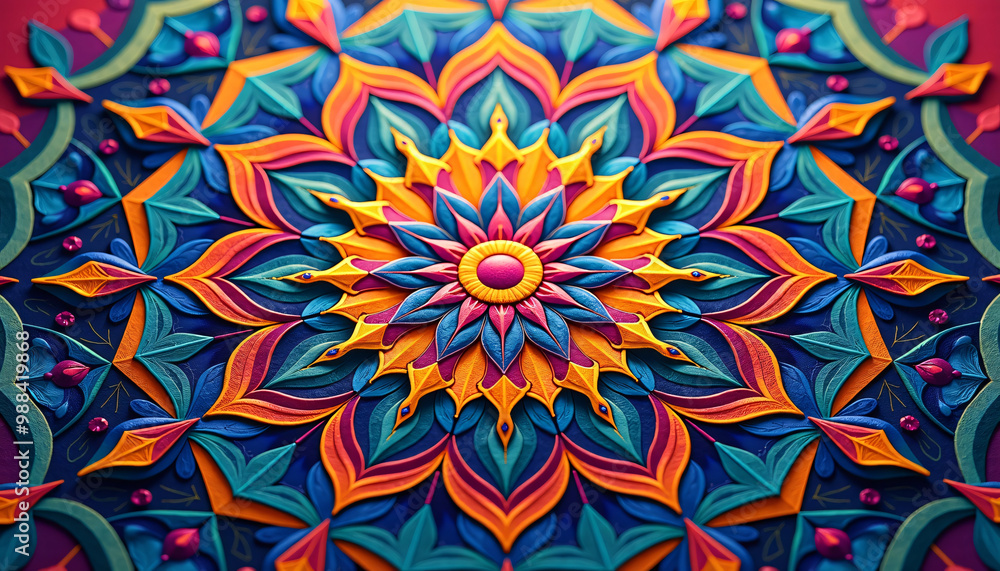 Mandala design with bright colors and detailed Indian spiritual symbols ...