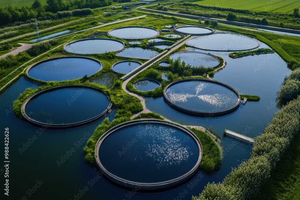 A large-scale fish farm with tanks, feeding systems, and aquaculture ...