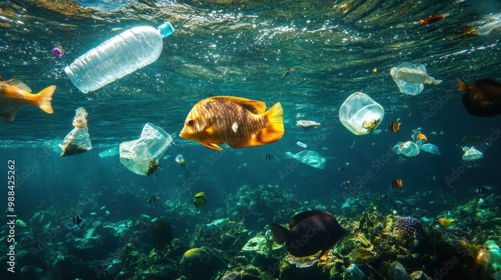 Plastic waste floating in the ocean among fish and marine animals ...