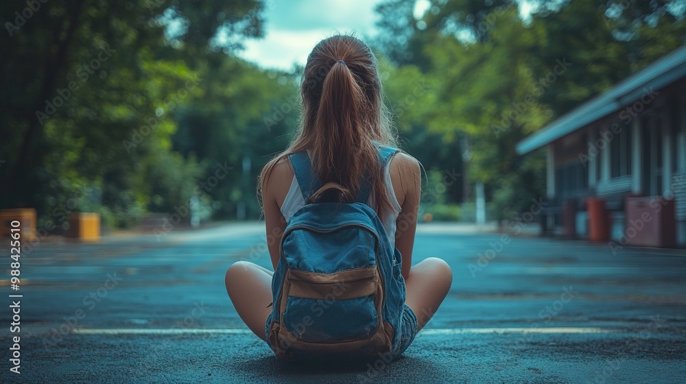 sad girl alone sitting in front of school building waiting for parents ...