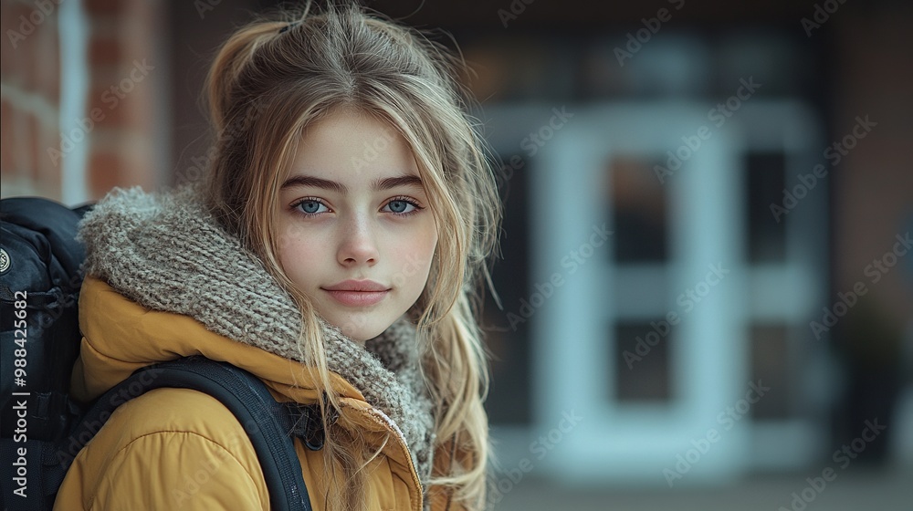 sad girl phone calling sitting in front of school building waiting for ...