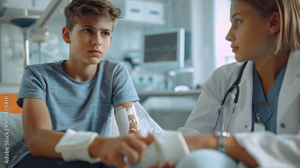 Doctor checking the orthopedic cast, brace on a teenage patient's ...