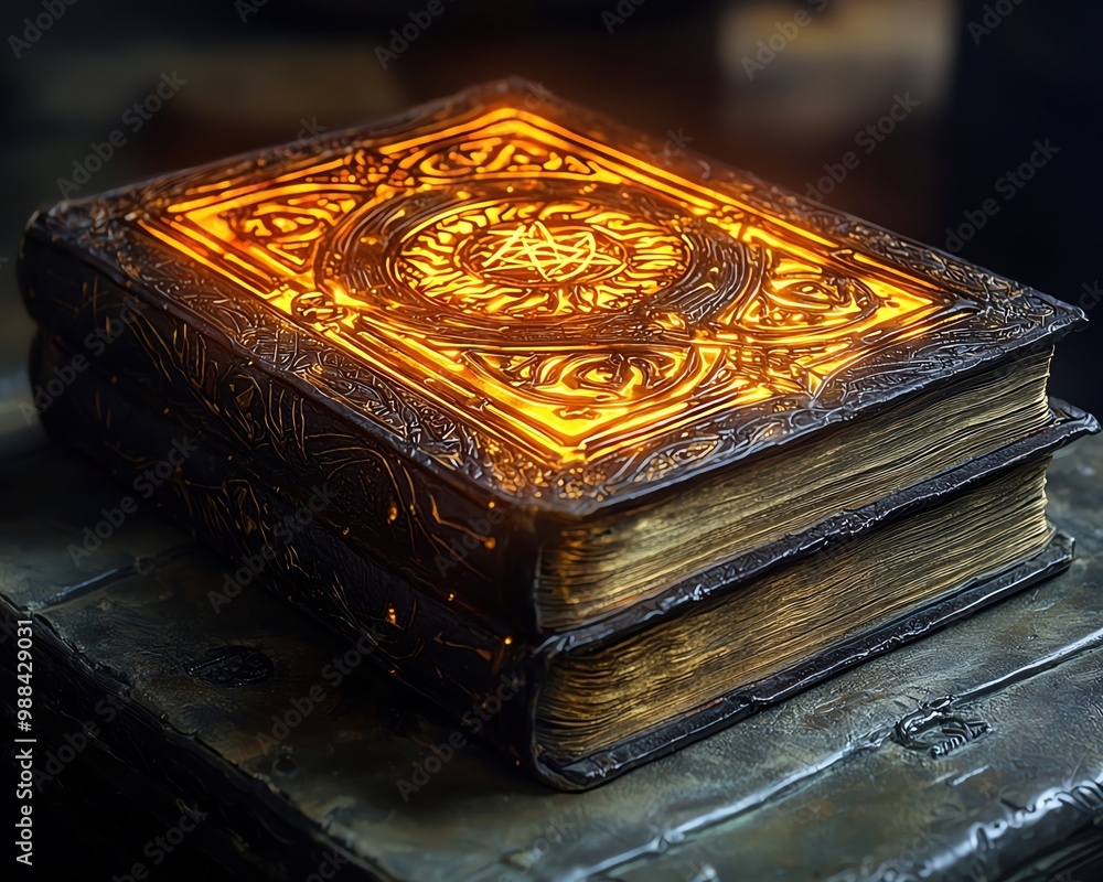 Isolated image of an ancient book with golden, intricate symbols ...