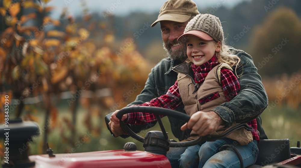 Farmer father riding tractor with his daughter. Girl growing up on ...