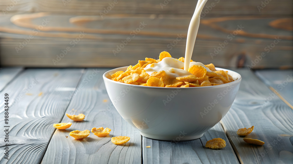Corn flakes pouring into a bowl of milk, breakfast, cereal, corn flakes ...