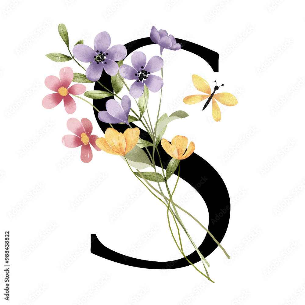 Monogram S, floral letter with watercolor flowers and leaves ...