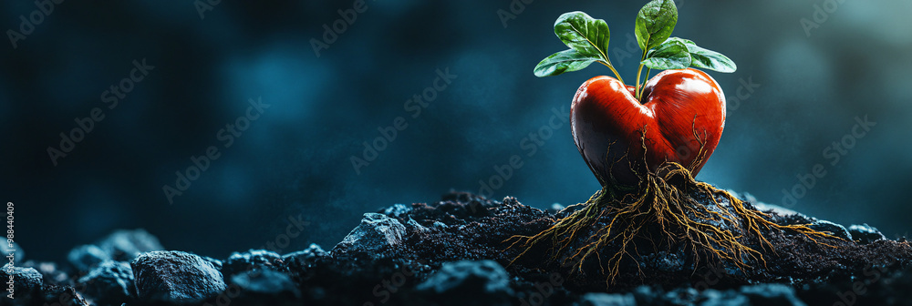 Heart. Human heart with roots growing from it. Dark backdrop ...