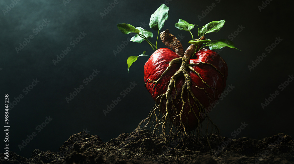 Heart. Human heart with roots growing from it. Dark backdrop ...