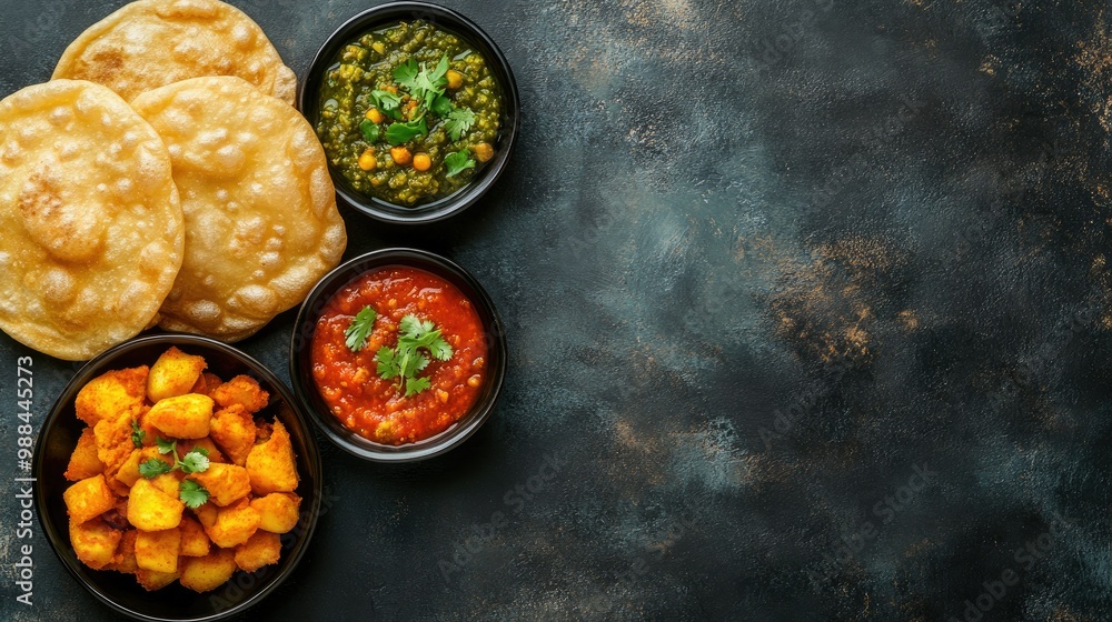 Indian breakfast set with poori, aloo sabzi, and chutneys, top view ...