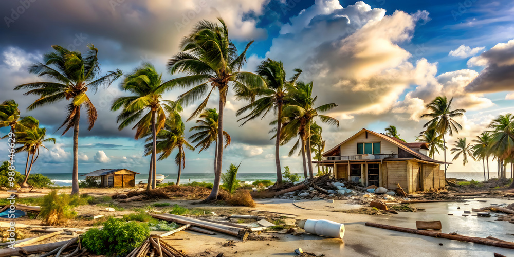 Destruction caused by a devastating hurricane in the tropics, hurricane ...