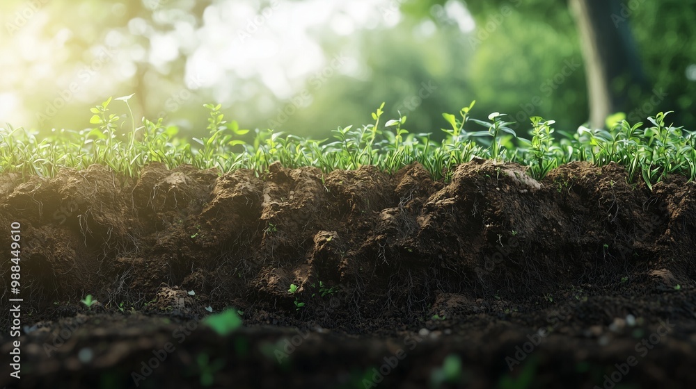 Cross-section of soil with grass and plants, illustrating soil layers ...
