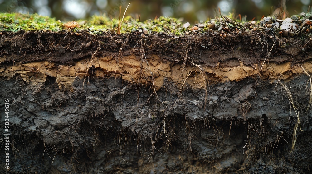 Cross-section of soil layers showing organic matter, topsoil, and ...