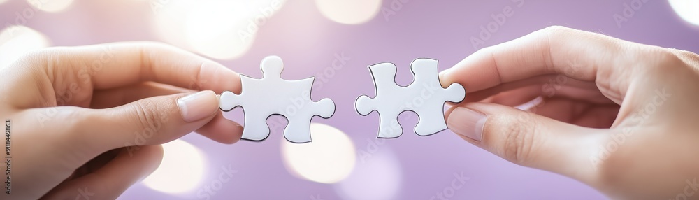 Two hands connect two puzzle pieces against a soft purple background ...