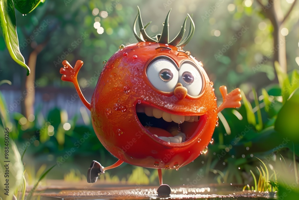 Animated cheerful tomato character joyfully running in a sunlit forest ...