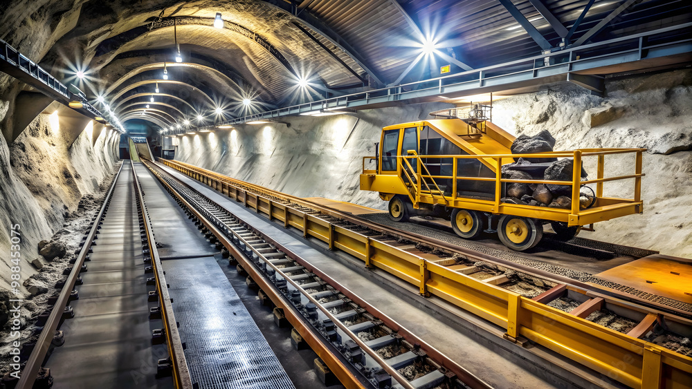 Underground mining equipment Belt conveyor transporting ore underground ...