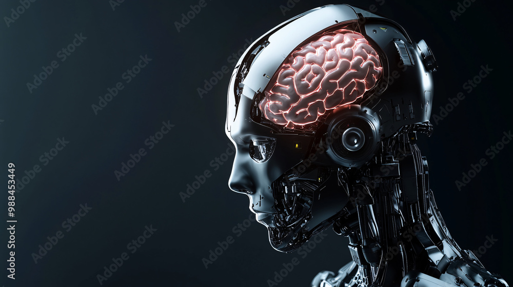 Human brain in a robotic skull. Isolated shadowy background. AI and ...