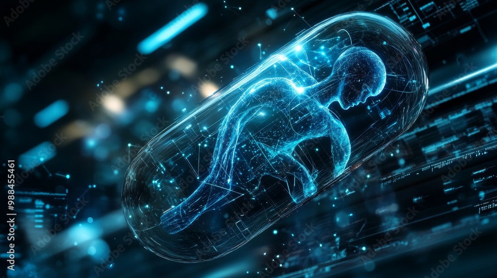 A futuristic capsule dissolving into radiant particles, which form a ...