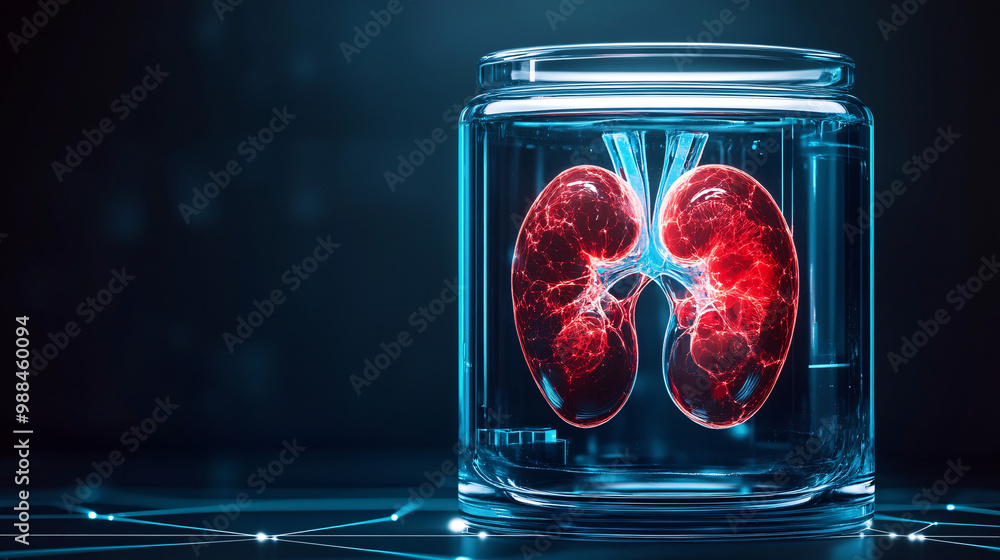 Human kidneys in a bioengineered tank. Isolated dark backdrop. Organ ...