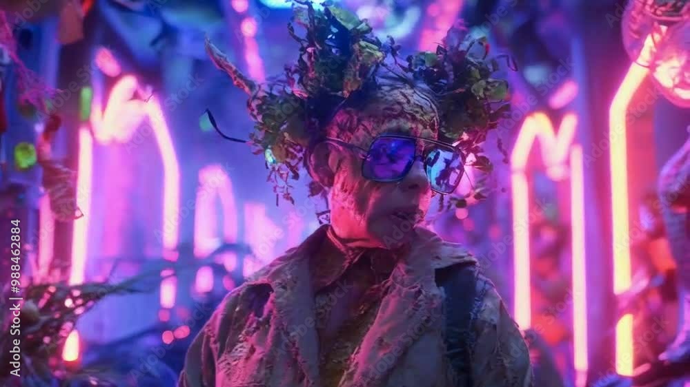A futuristic character with plant-like features and vibrant colors in a ...