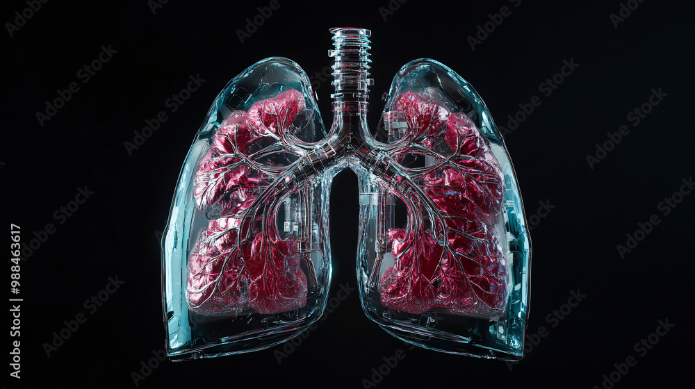 Human lungs with cybernetic implants. Isolated dark background ...