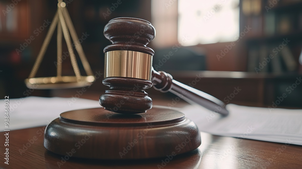 Court hammer displayed on a courtroom podium with a focus on its design ...