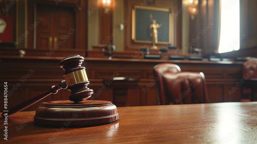 Court hammer displayed on a courtroom podium with a focus on its design ...