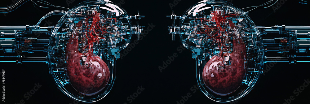 Kidneys. Human kidneys attached to a bioengineered machine. Isolated ...