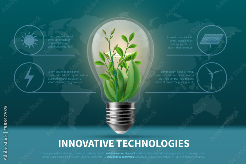 Light bulb plant. Green renewable bio energy, wind and sun ...