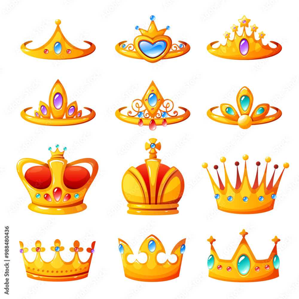 Cartoon crowns and tiaras. Royal power symbols, gold headdresses with ...
