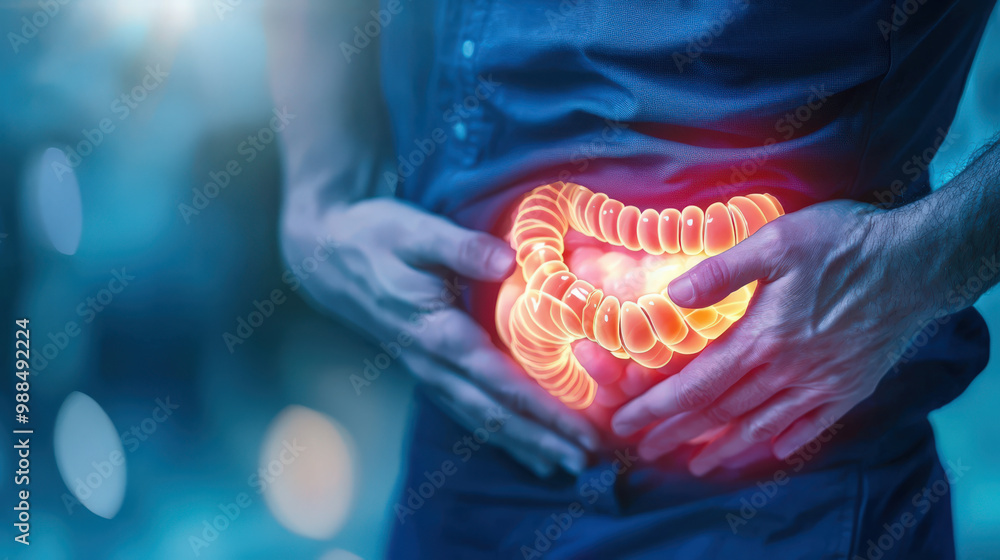 person is holding their stomach, indicating discomfort, with glowing ...