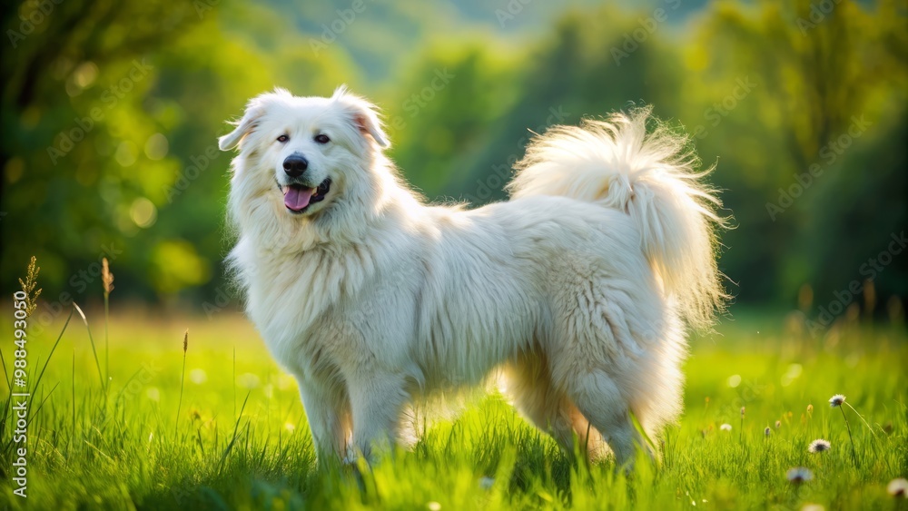 Illyrian sheepdog's fluffy tail wags happily as it stands watch in the ...
