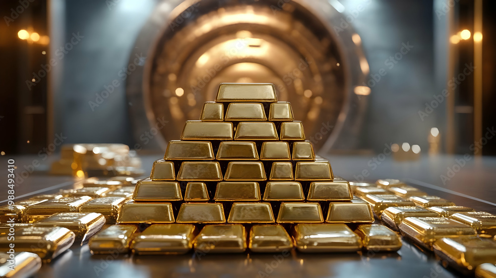 A stacked pyramid of gold bars in a secure vault setting, showcasing wealth and prosperity ...