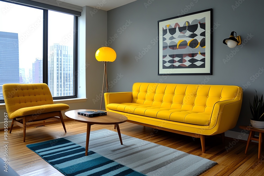 Mustard yellow retro style furniture, set in a vintage-inspired living ...