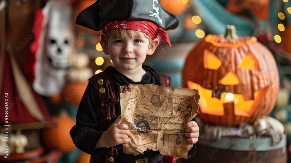 Young Pirate Holding Treasure Map with Halloween Decor Stock Photo ...