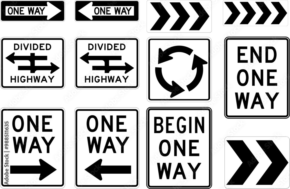 Complete Set of Directional Road Signs: One Way, Divided Highway ...