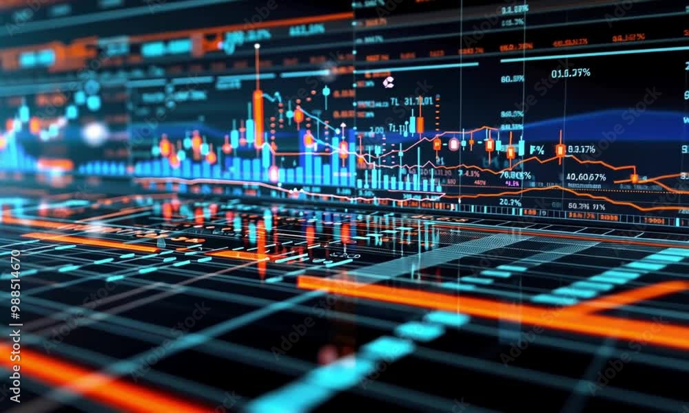 A high-tech digital stock market chart filled with colorful data ...