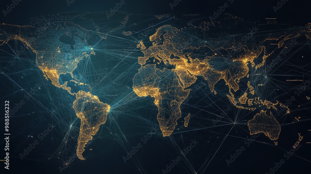 A world map showing international trade routes with connecting lines ...