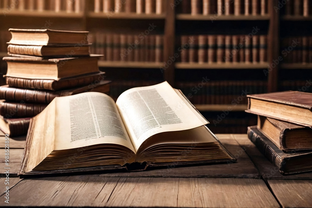 Antique open book on wooden table with stacks beside in library ...