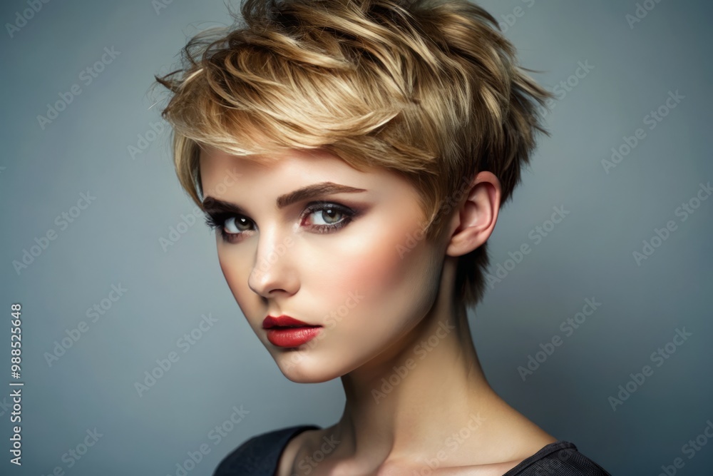 The female model's short, layered pixie haircut is imbued with a ...