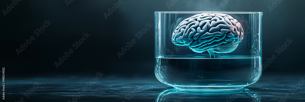 Mind. Human brain suspended in a futuristic glass container. Isolated ...