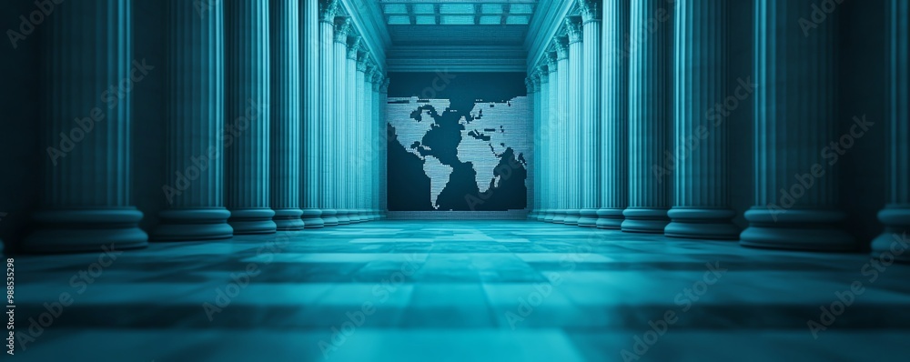 Elegant pillars with a world map backdrop in a modern architectural ...