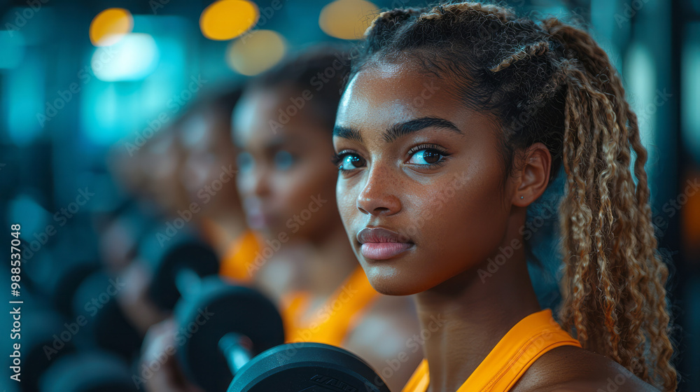 A group of fitness enthusiasts lifting weights in a modern gym, the ...