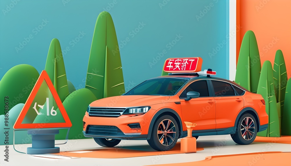 3D car model depicting traffic safety and insurance concepts with ...