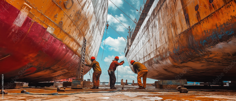 Workers diligently repair a large boat, showcasing teamwork and ...