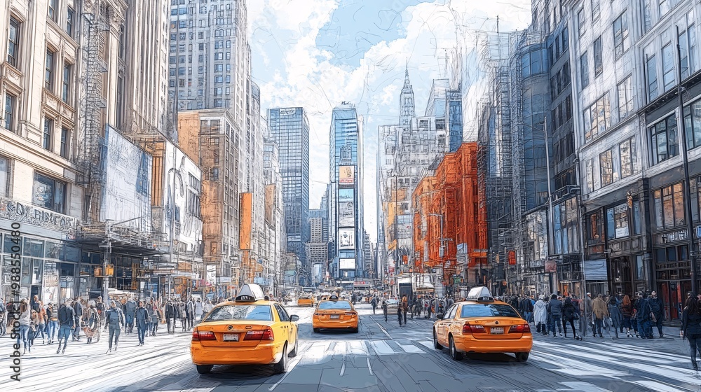 Vivid city scene transitioning from a realistic photo to a hand-drawn ...