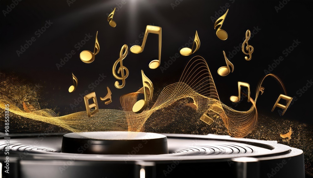 hi fi speaker flying few colorful music notes and sound waves Stock ...