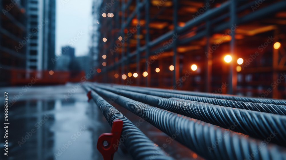 Detailed view of the scaffold joints, where the reinforced metal bars ...