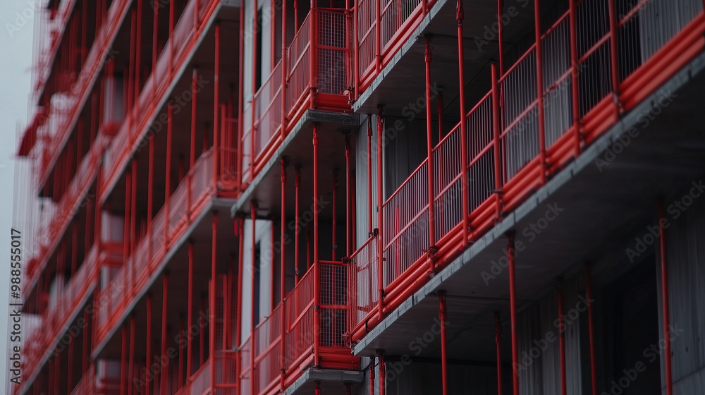 Detailed view of the scaffolding stabilizers, attached to the side of a ...